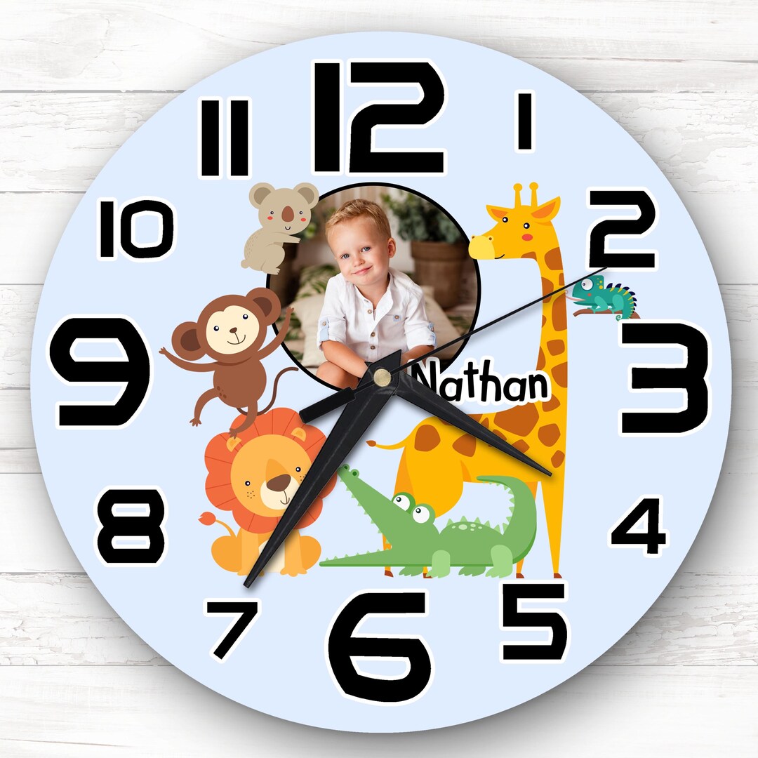 Safari Jungle Animals Photo Personalised Gift for Kid's Bedroom Clock ...