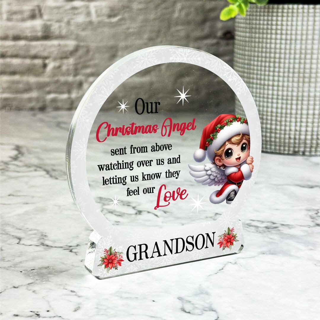 Grandson Cute Little Angel Christmas Memorial Gift Snowglobe Keepsake ...