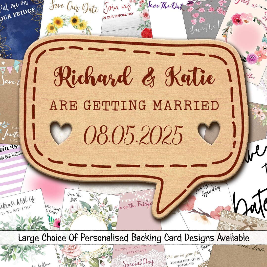Speech Bubble & Hearts Wooden Wedding Save the Date Magnets Backing ...