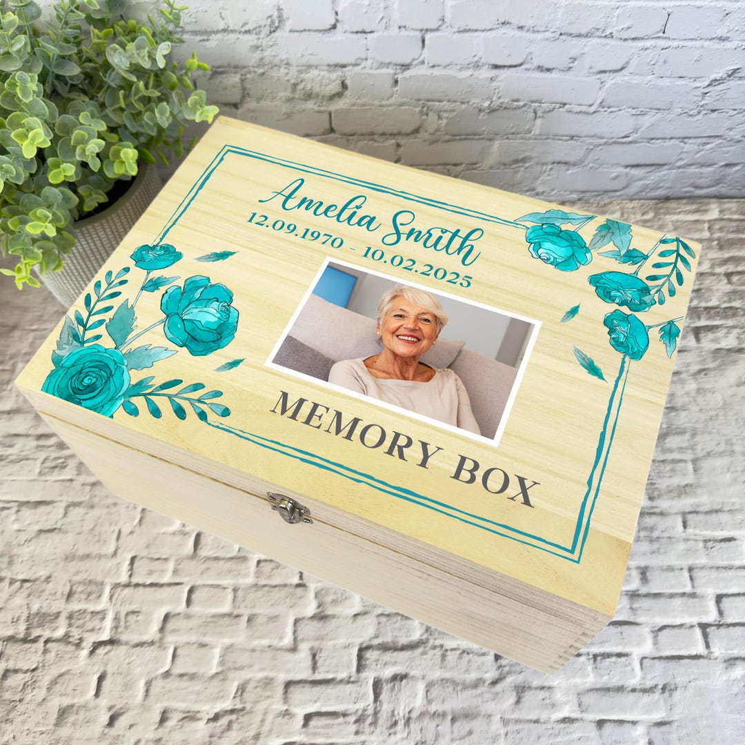Memory Box Memorial Blue Flowers Photo Personalised Storage Wooden ...