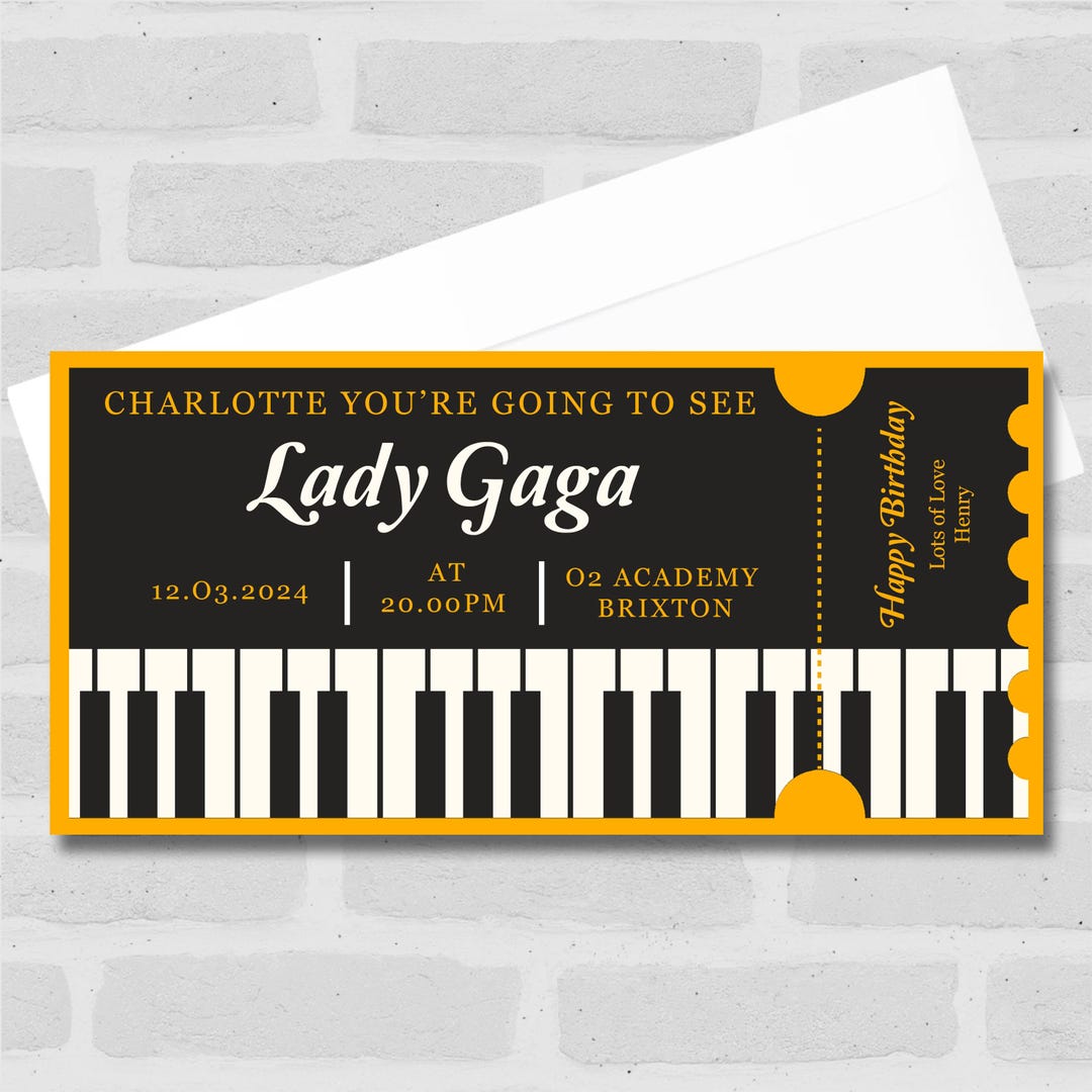 Yellow Piano Keys Concert Gift Personalised Surprise Ticket Gift ...