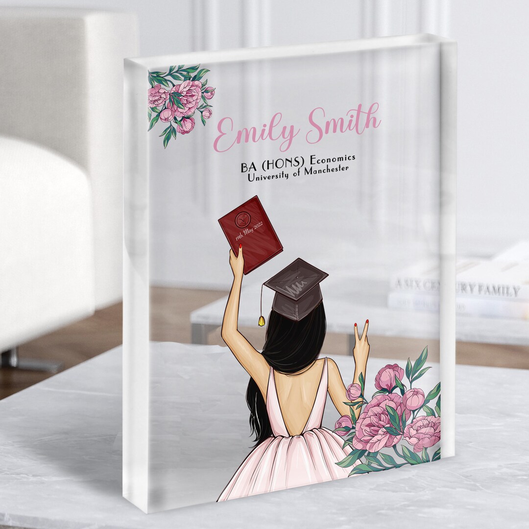 Pink Flowers Dark Hair Graduate Girl Graduation Congratulations Acrylic ...