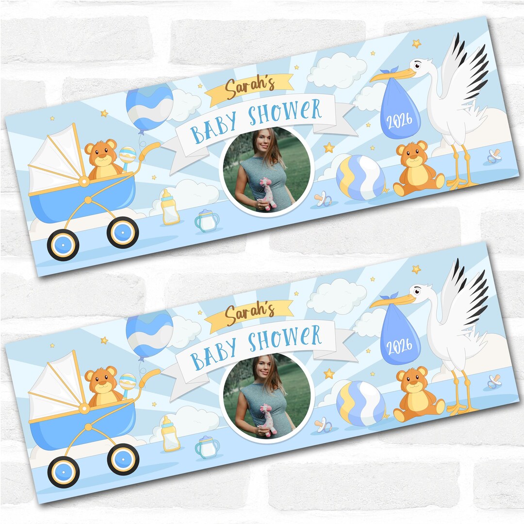 Personalised Party Banner for Baby Shower Photo Boy Stork Pram Blue ...