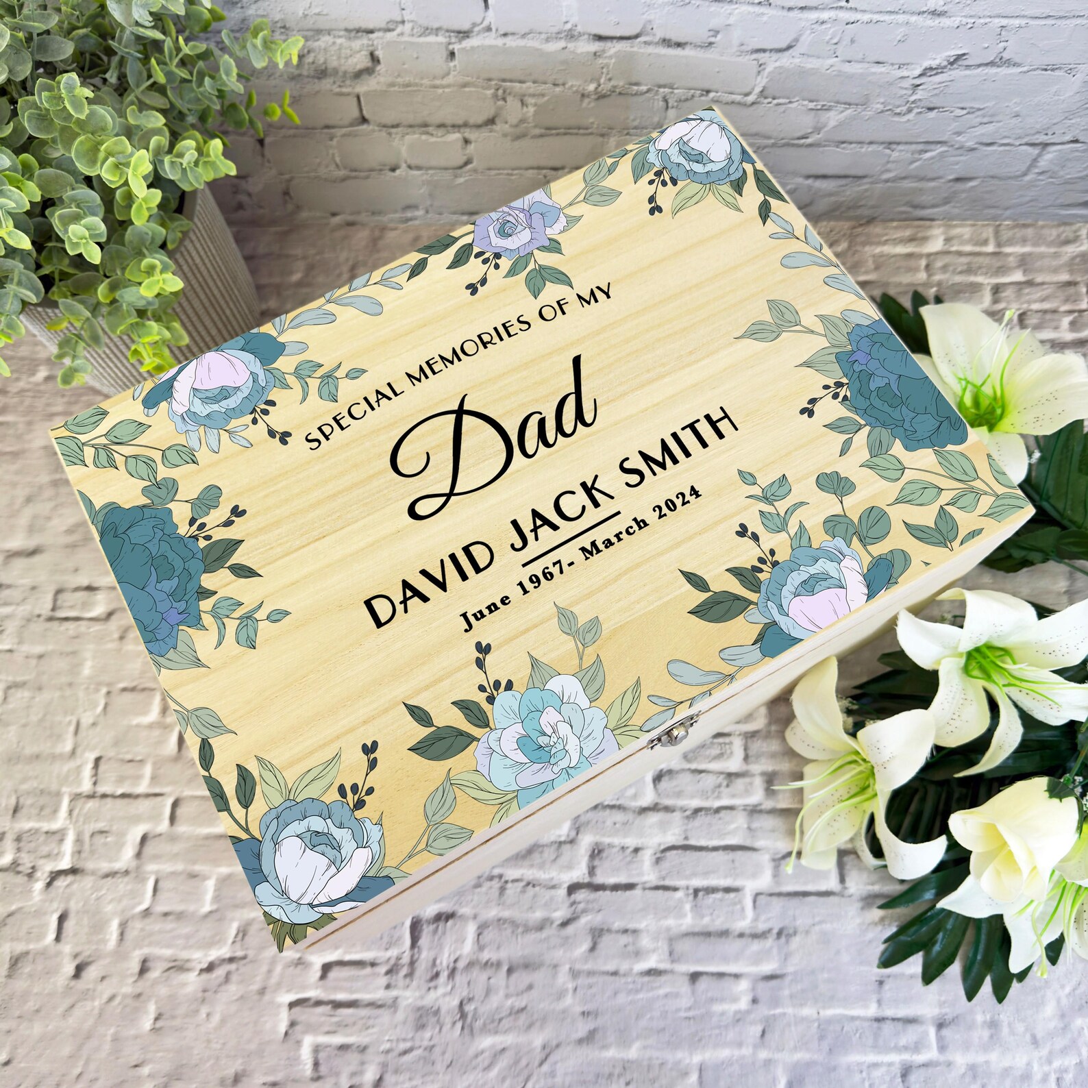Memories of Dad Blue Floral Frame Memorial Personalised Wooden Keepsake ...