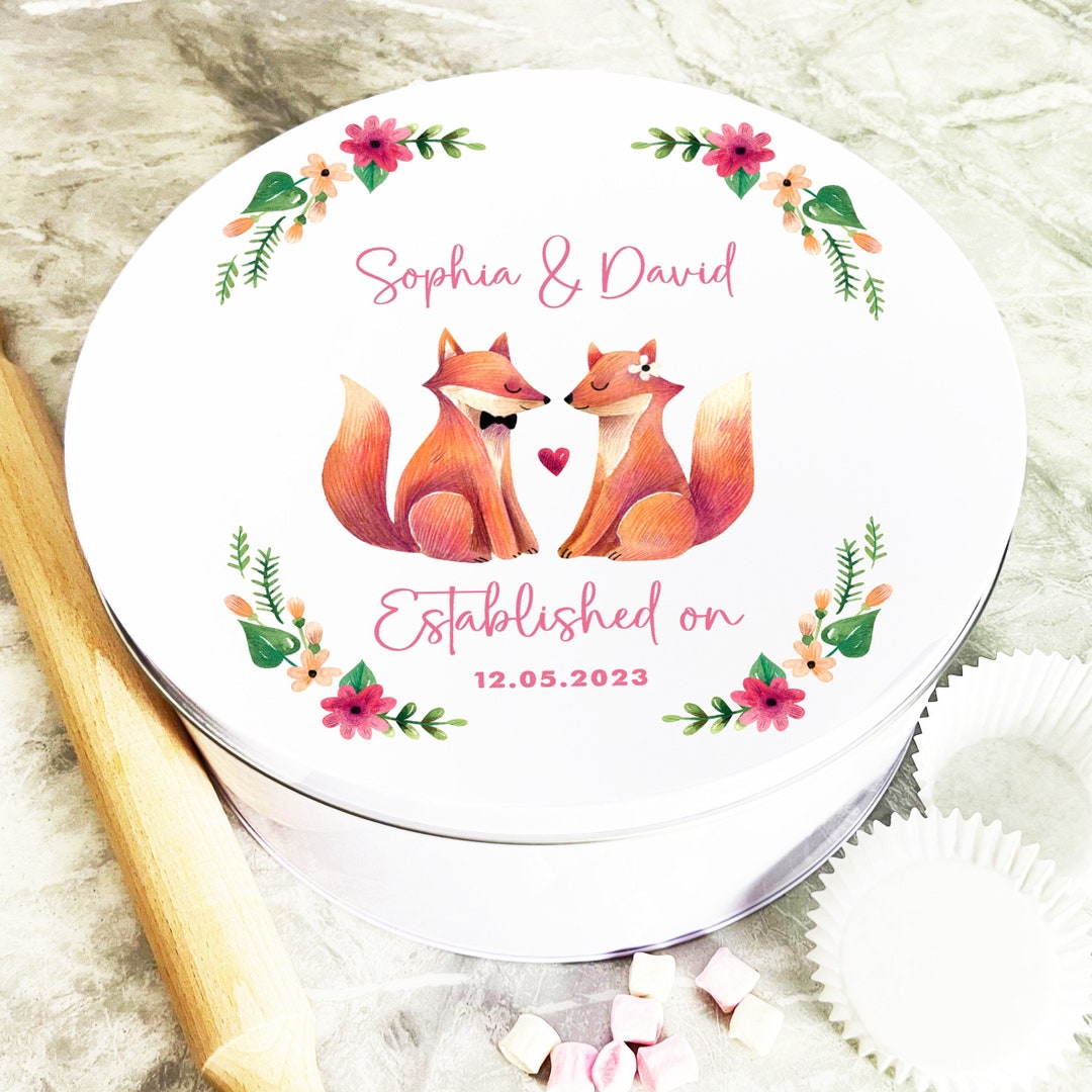 Round Cute Love Foxes Anniversary Personalised Cake Tin - Etsy