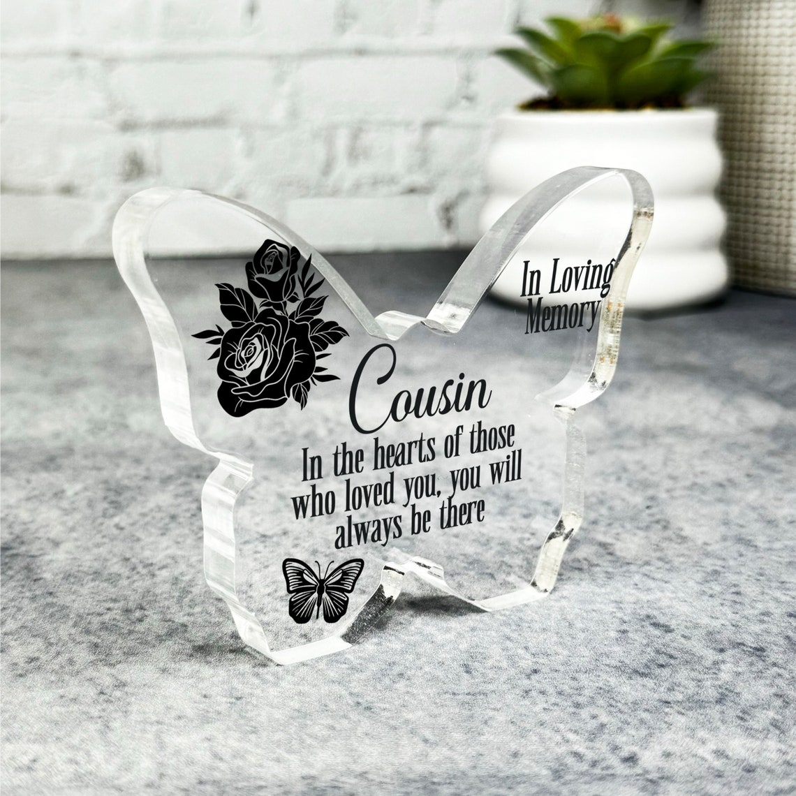 Cousin Black Rose Memorial Butterfly Plaque Sympathy Gift Keepsake Gift ...