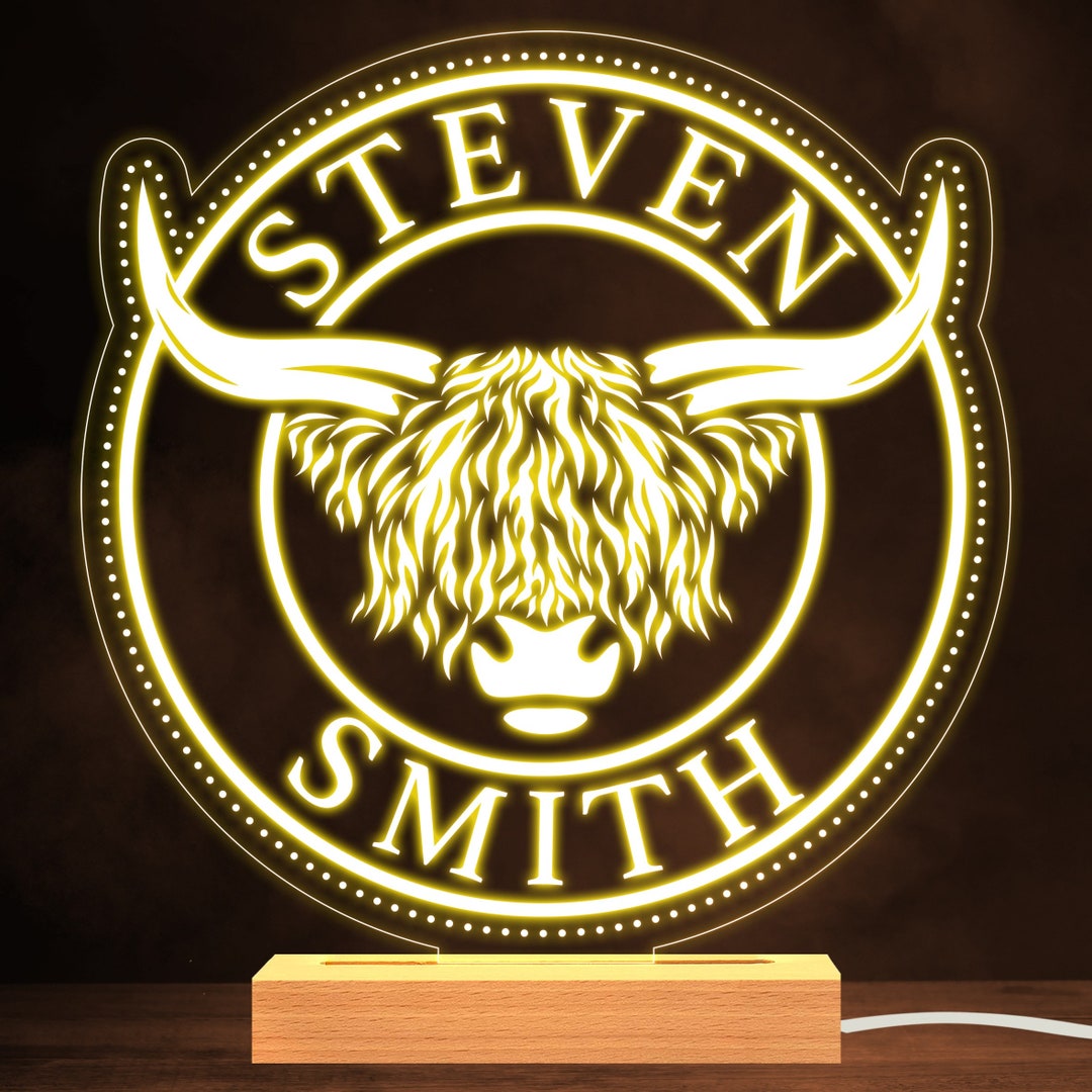 Highland Cow Round Warm White Lamp Personalised Gift Night Light ...