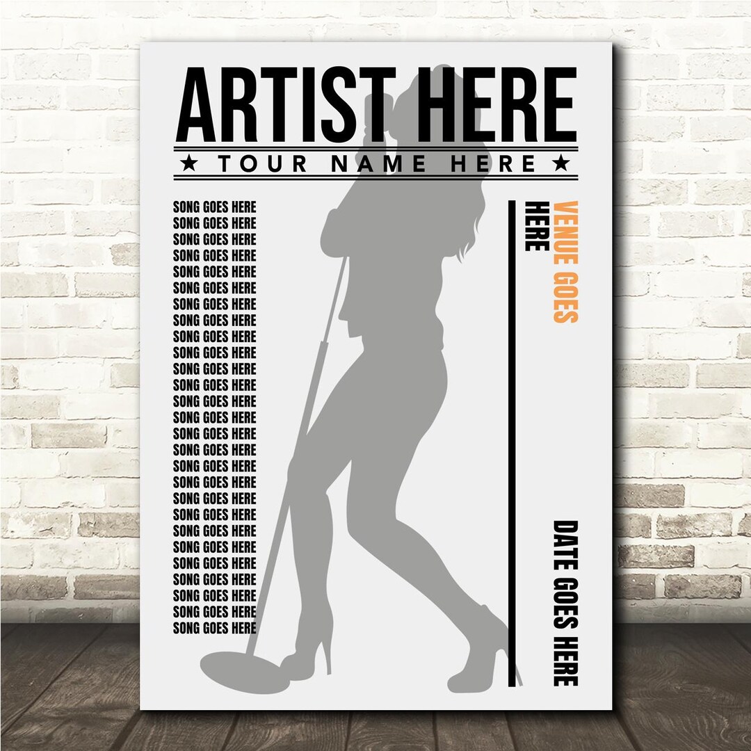 Concert Setlist Poster Print Canvas Female Grey - Any Artist Date Gig ...