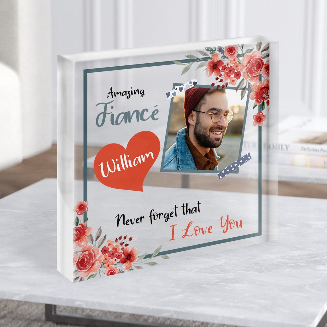 Gift for Fiance Watercolour Floral Photo Personalised Clear Square ...