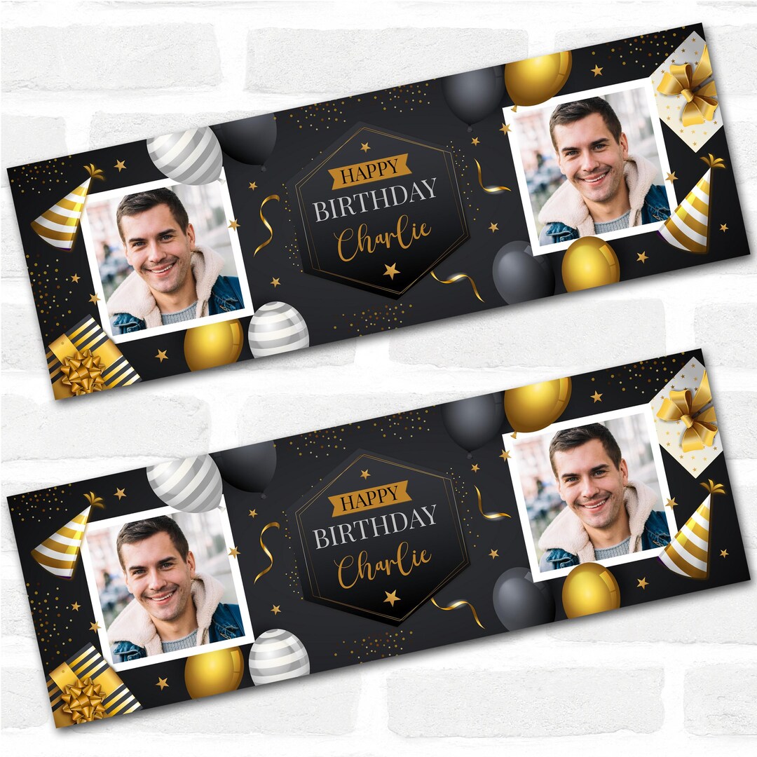 Personalised Party Banner for Birthday With Photo Male Gold Black ...