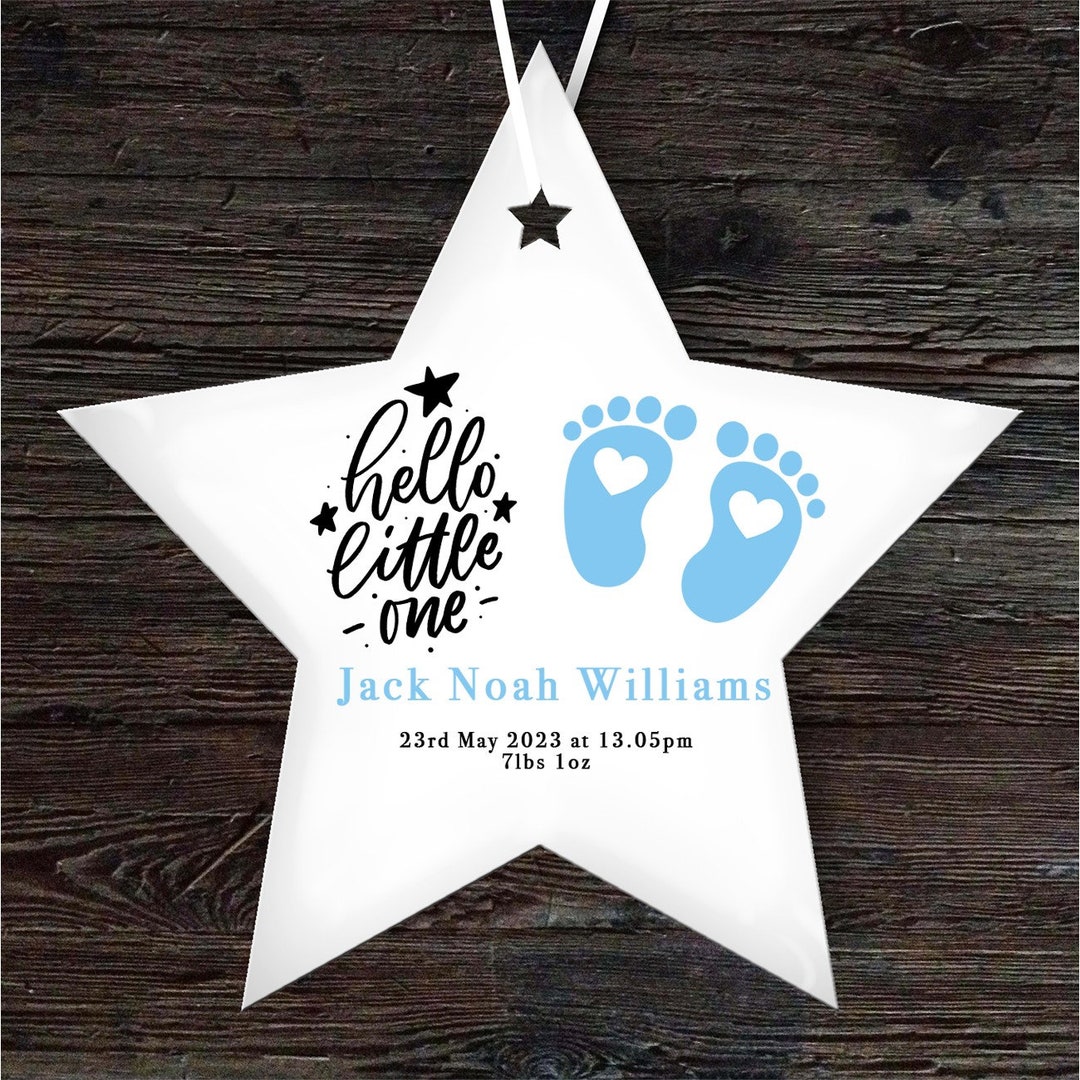 Hello New Baby Boy Blue Footprints Star Personalised Gift Hanging ...