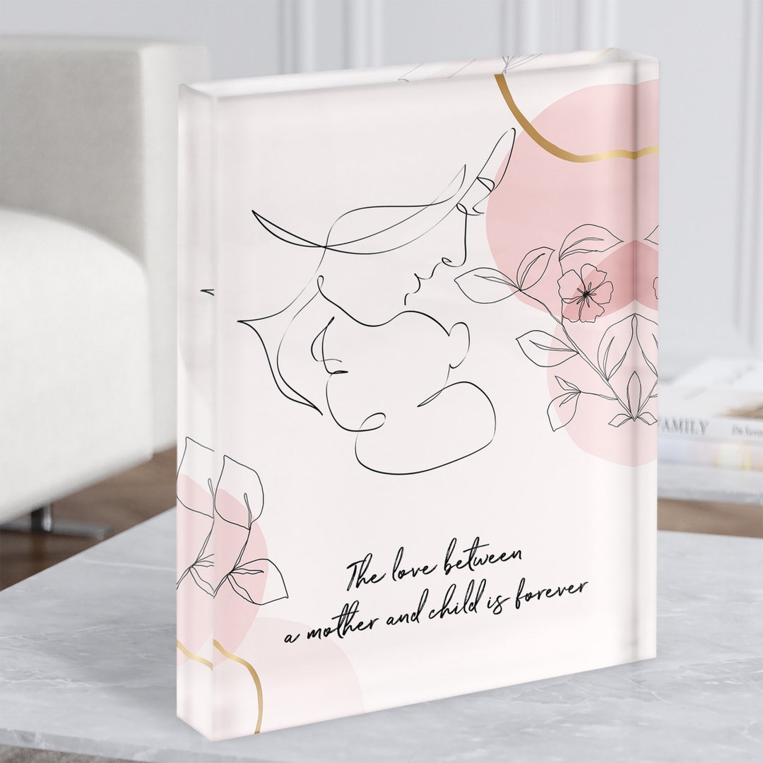 Line Art Mum and Child Pastel Pink Personalised Acrylic Block ...