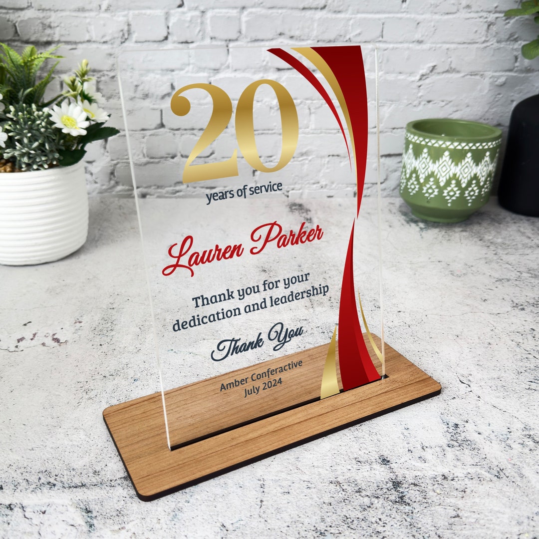 20 Years Service 20th Anniversary Gold Red Gift Employee Personalised ...