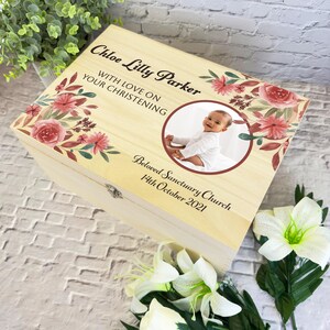 Watercolour Red Floral Round Photo Christening Personalised Wooden Keepsake Box - Memory Storage ...
