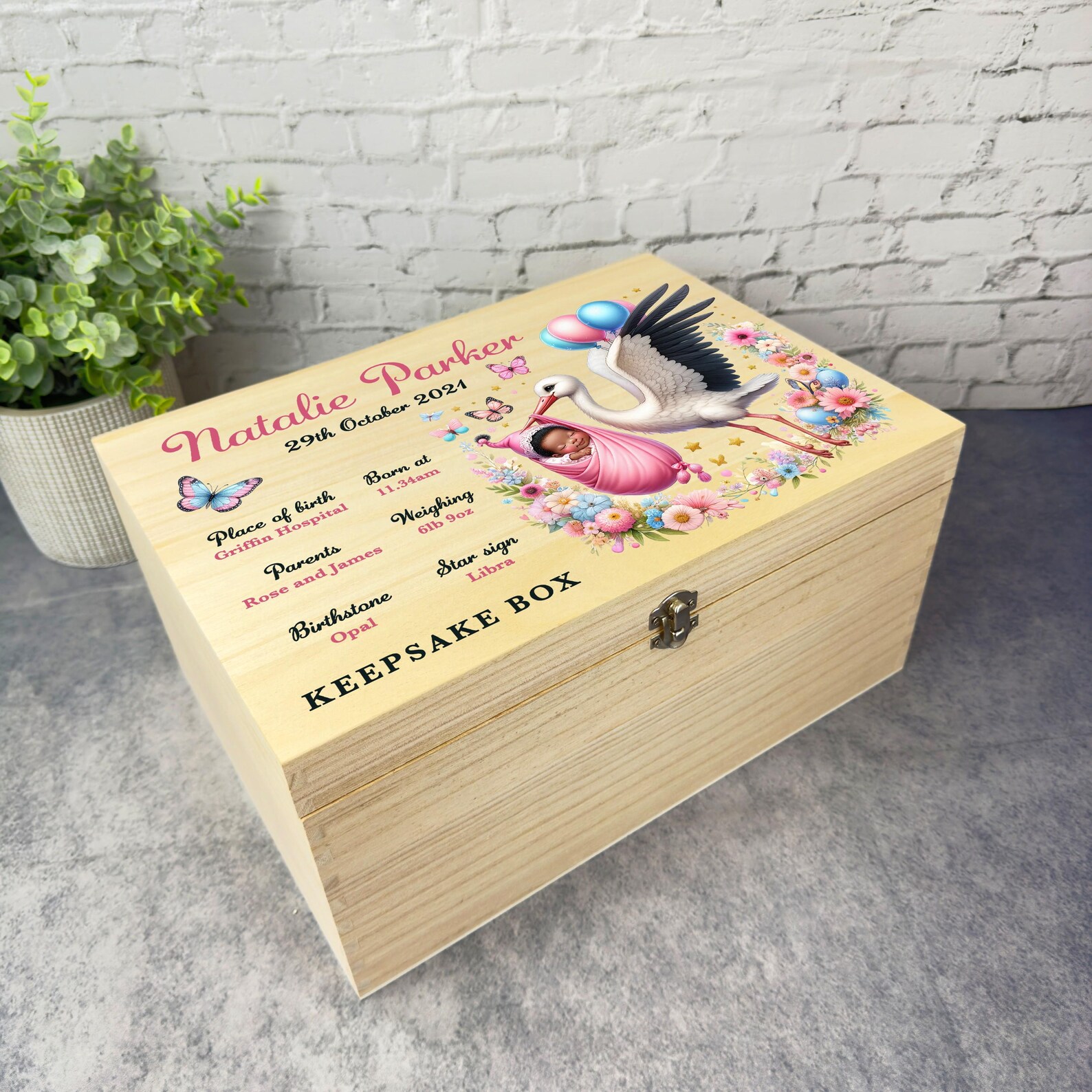 Floral Stork Pink Blue Dark Skin New Baby Personalised Wooden Keepsake ...