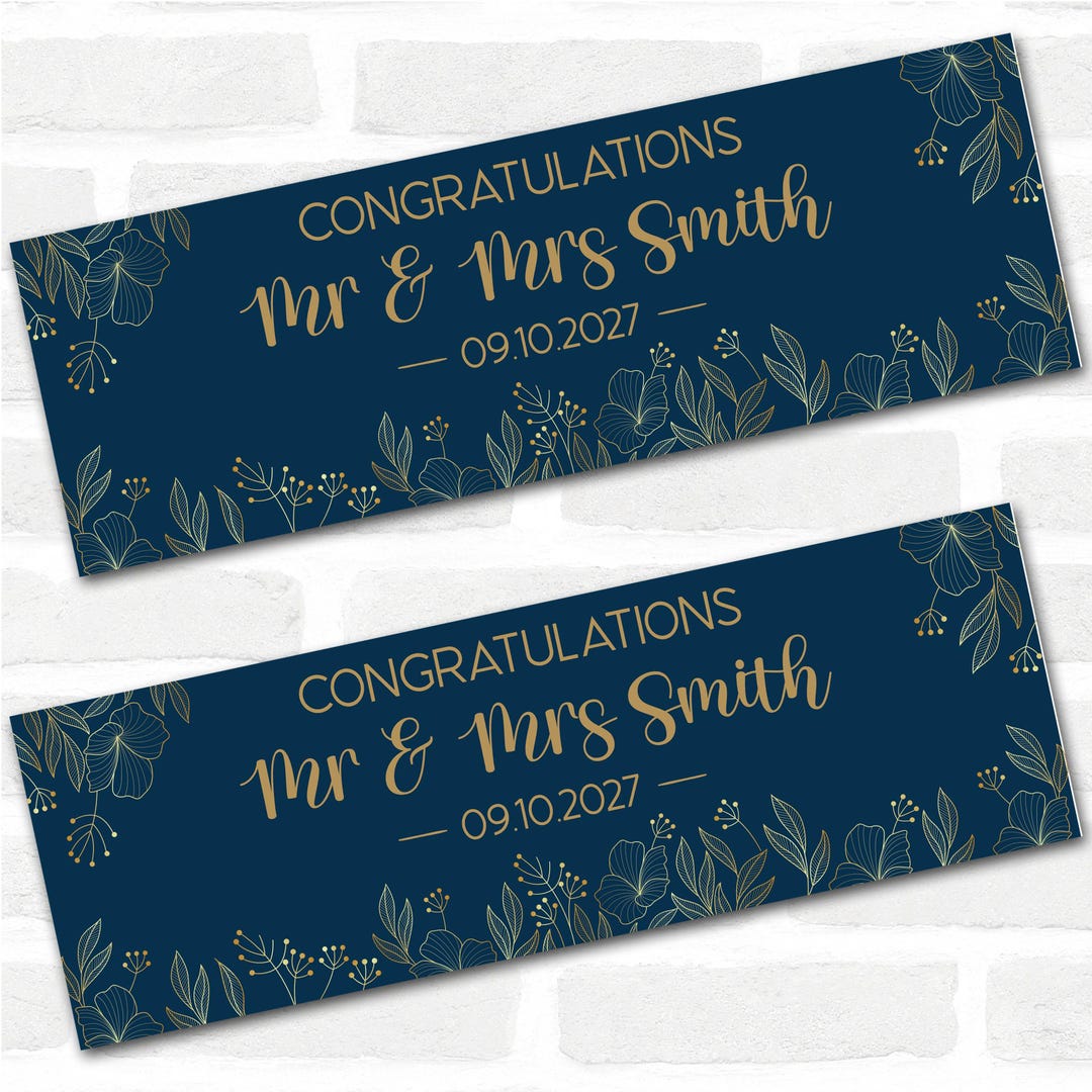 Personalised Party Banner for Wedding Day Gold Blue Line Flowers ...