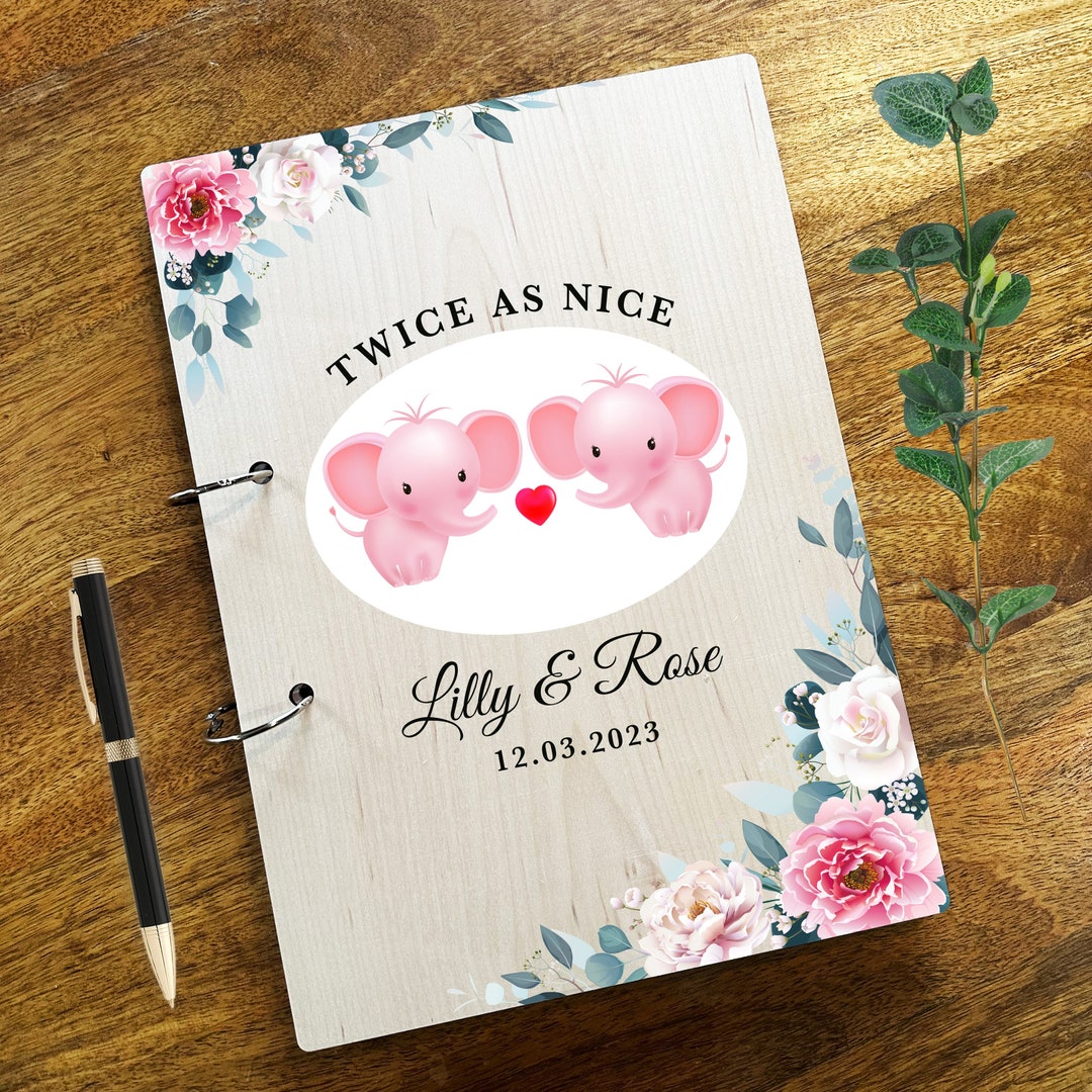 Wood Floral Pink Twin Elephants Photo Album Memories New Baby Keepsake ...