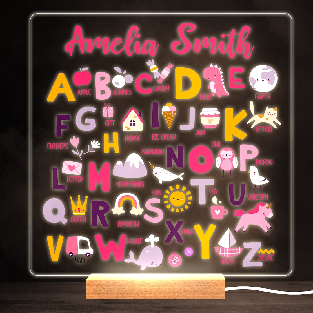 Alphabet Girl Pink Letter Names Bright Square Personalised Gift Lamp ...