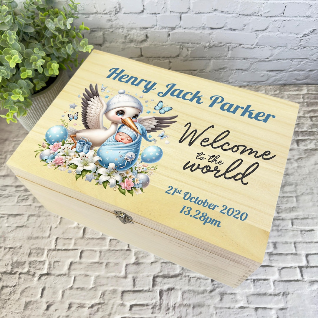 Blue Floral Stork Welcome New Baby Boy Personalised Wooden Memory ...