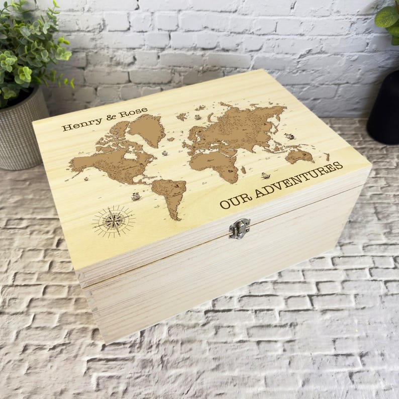 Retro World Map Our Adventures Couple Travels Personalised Wooden ...
