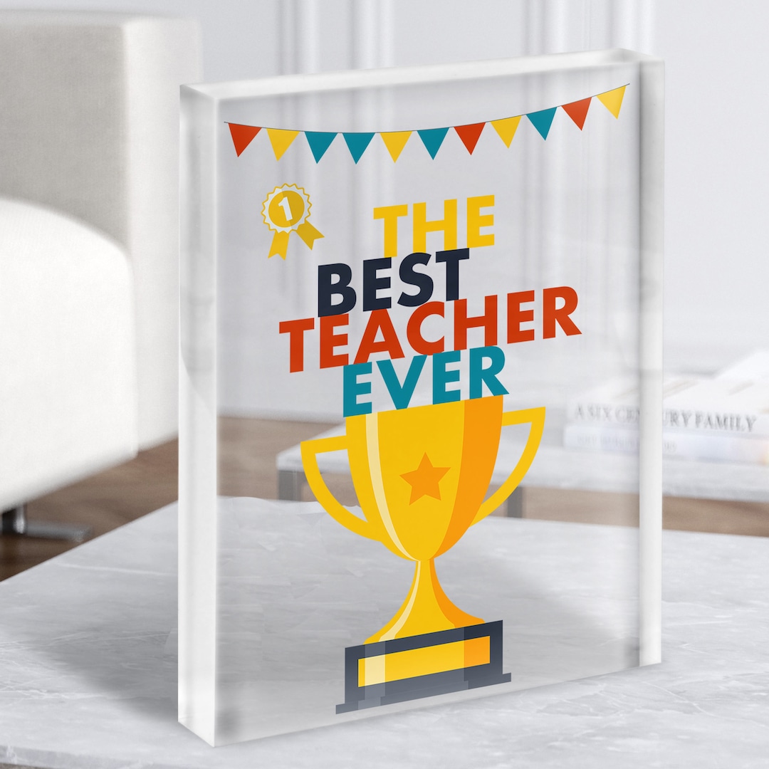 The Best Teacher Ever Gold Trophy Medal Personalised Gift Acrylic Block ...