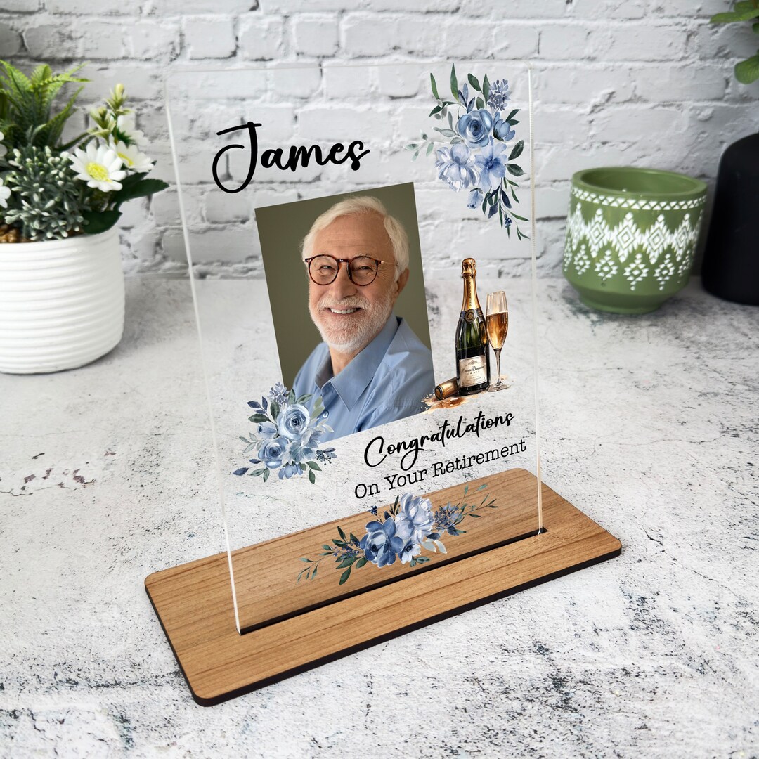 Retirement Gift Blue Floral Champagne Photo Personalised Gift Acrylic ...