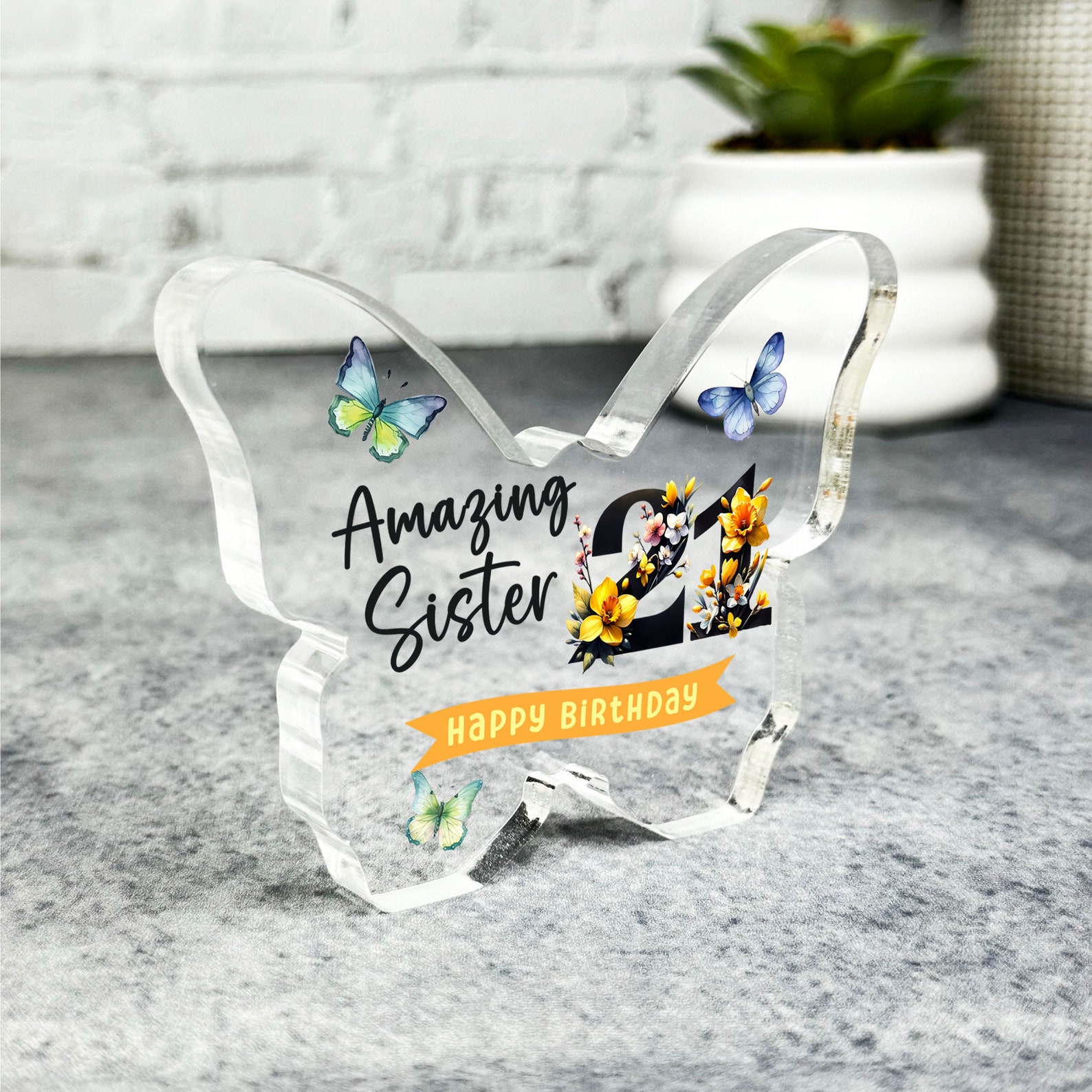 Sister 21st Daffodil Happy Birthday Present Butterfly Plaque Keepsake ...