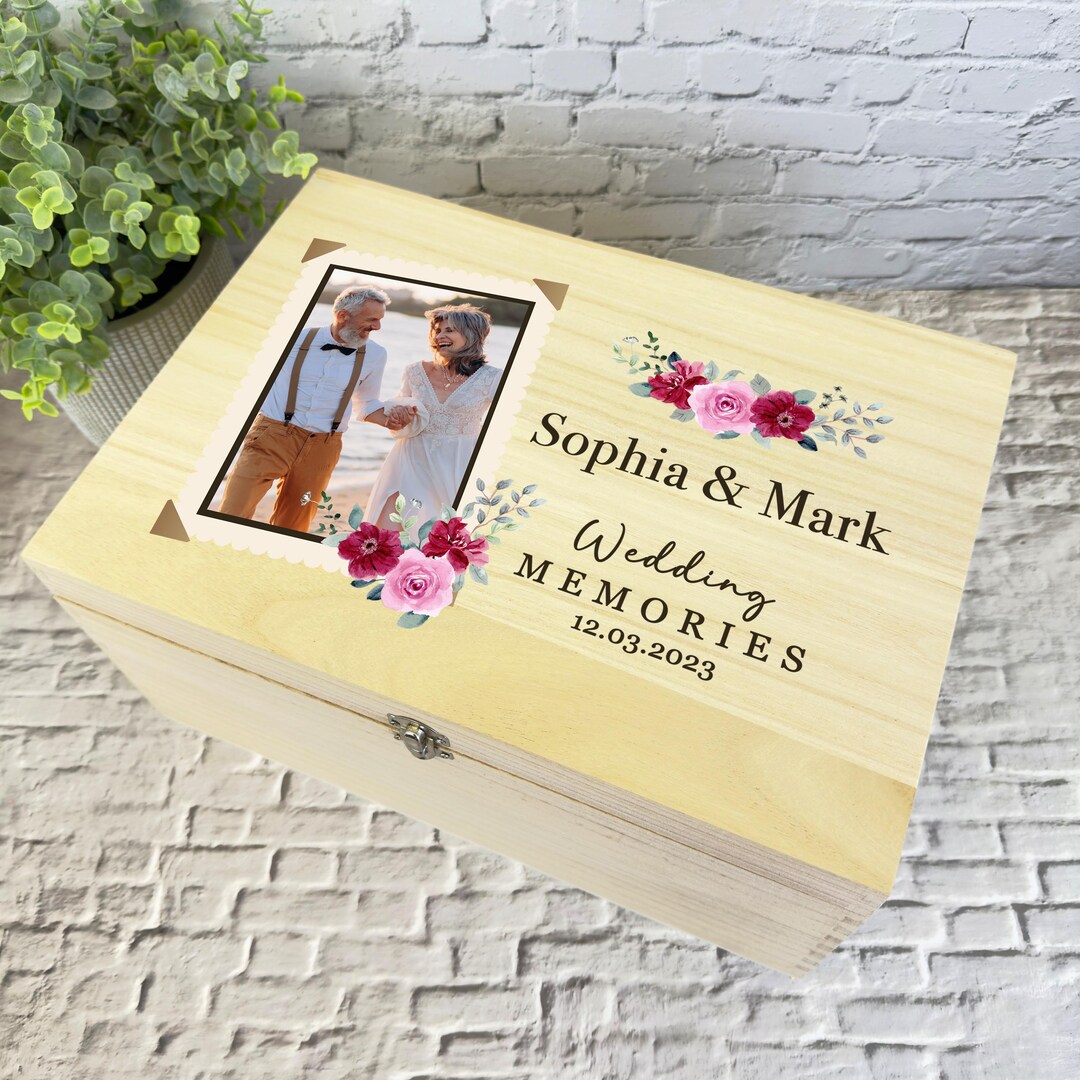 Floral Retro Photo Wedding Day Personalised Storage Wooden Memory ...