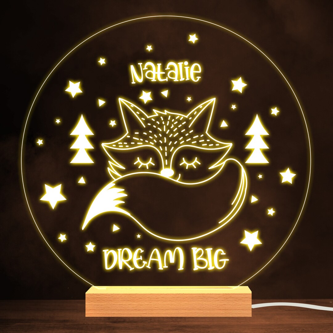 Cute Sleeping Fox Trees & Stars Warm White Lamp Personalised Gift Night ...