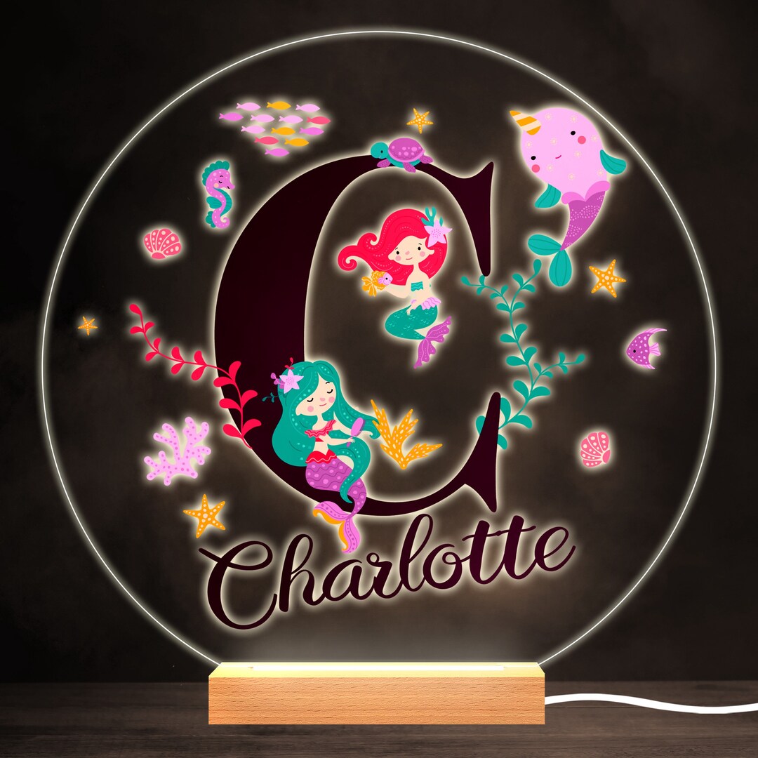 Sealife With Mermaids Alphabet Letter C Round Personalised Gift Lamp ...
