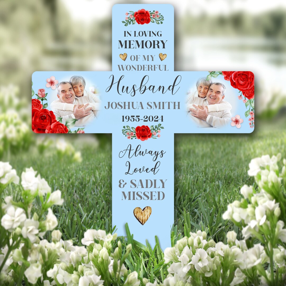 Cross Husband Red Roses Photo Blue Remembrance Grave Plaque Memorial ...