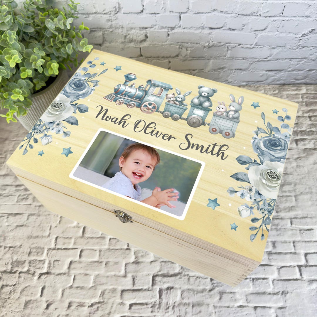 Blue Toy Train Flowers Photo New Baby Boy Personalised Wooden Keepsake ...