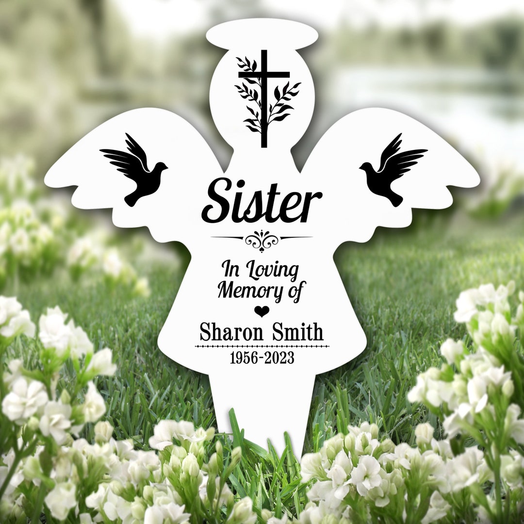 Angel Sister Black Doves Cross Remembrance Garden Plaque Grave Memorial ...