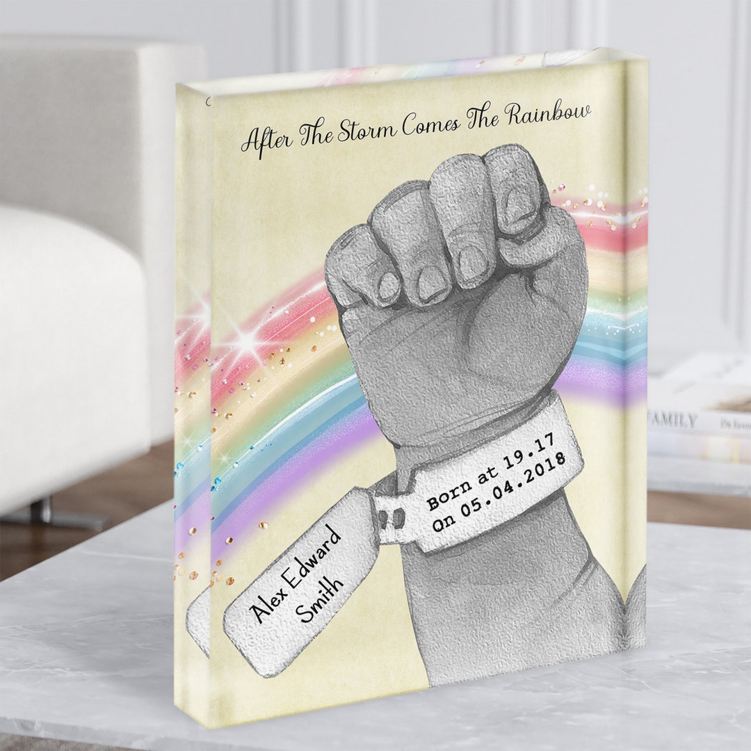 Rainbow Baby Fist Name Tag Yellow Grey New Baby Birth Details Acrylic ...
