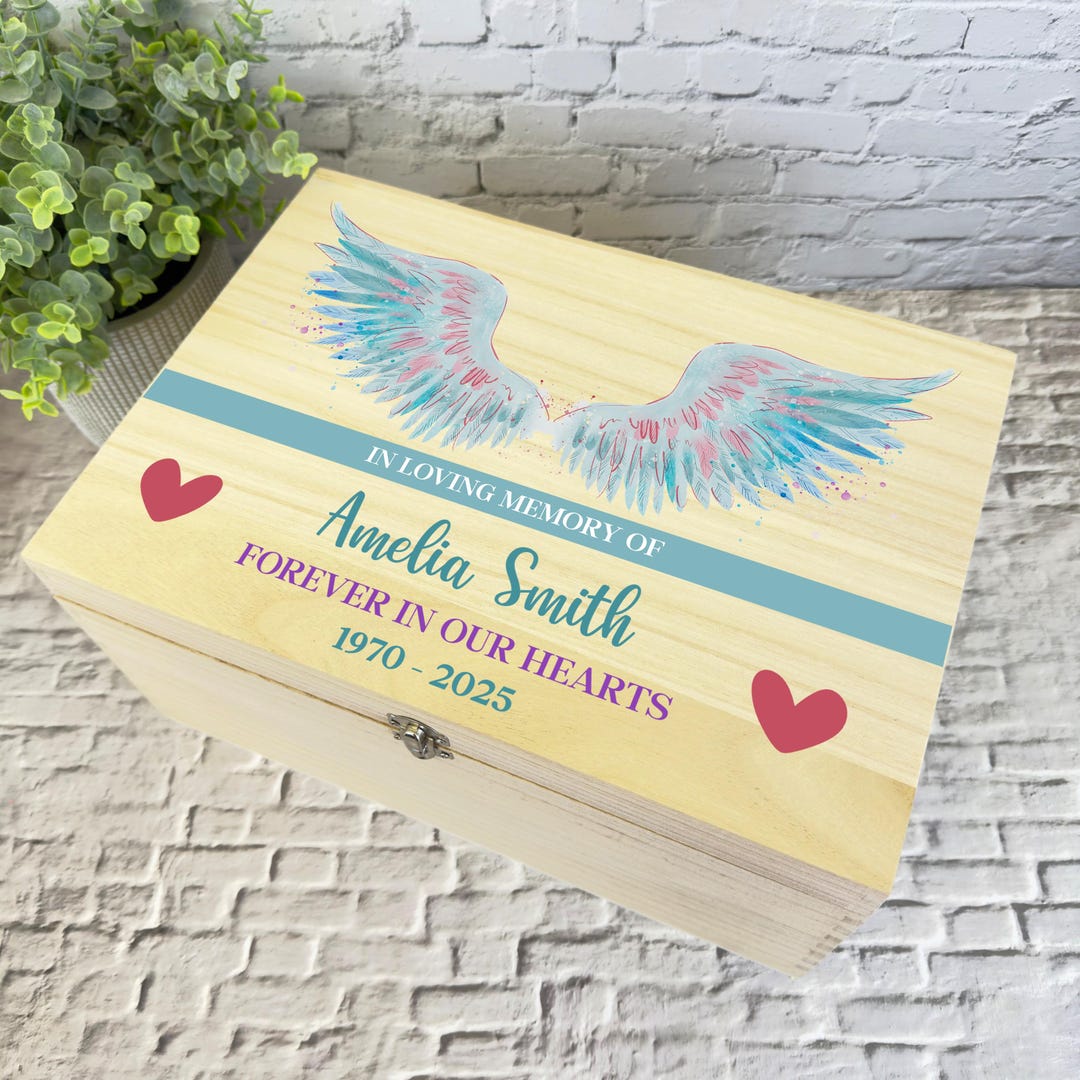 Angel Wings Blue in Loving Memory Memorial Personalised Wooden Keepsake ...