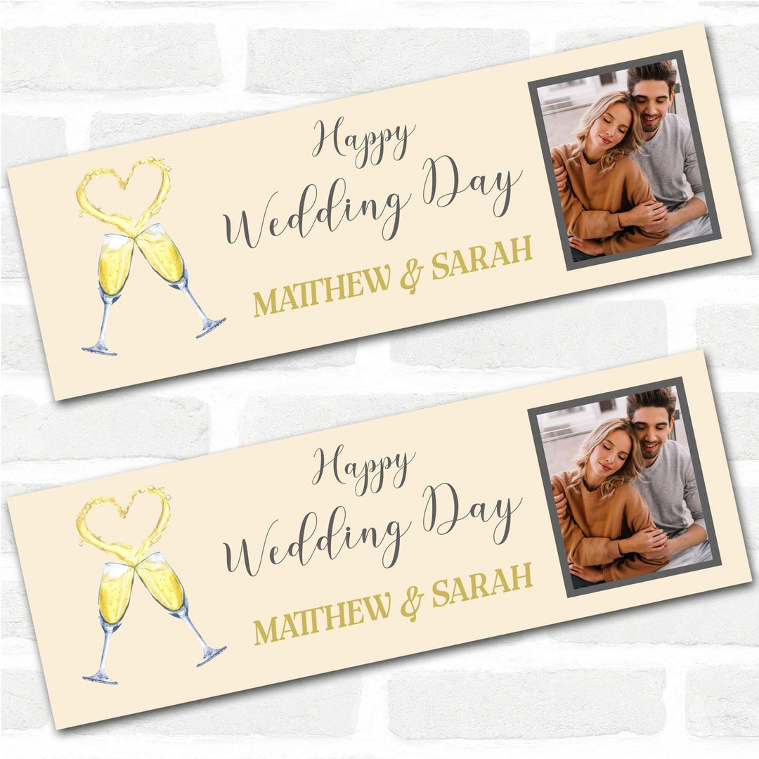 Personalised Party Banner for Wedding Day Photo Flutes Heart Yellow ...