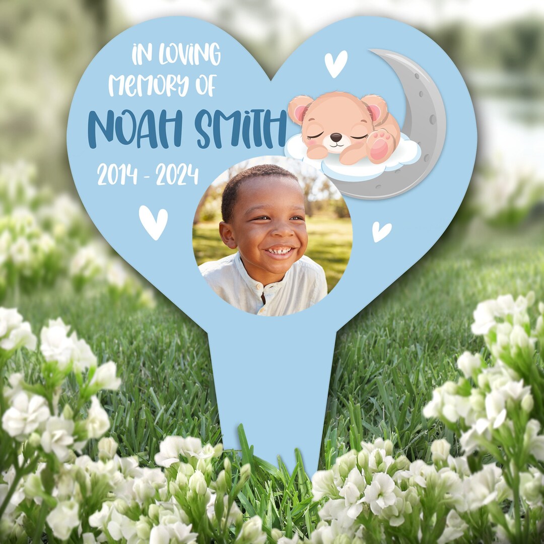 Heart Young Boy Child Photo Bear Blue Remembrance Grave Plaque Memorial ...
