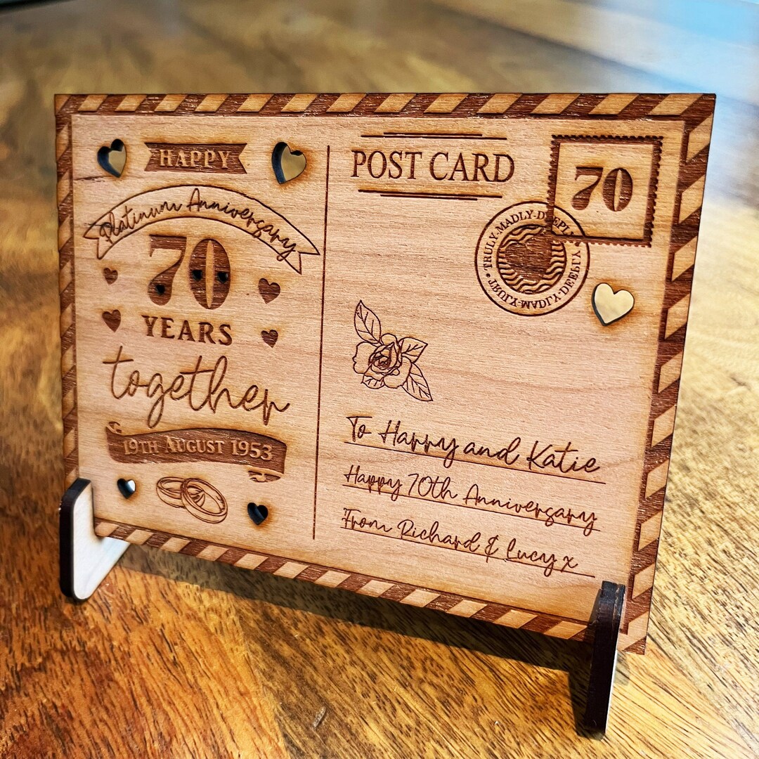 70th Wedding Anniversary 70 Years Platinum Personalised Card Wooden ...