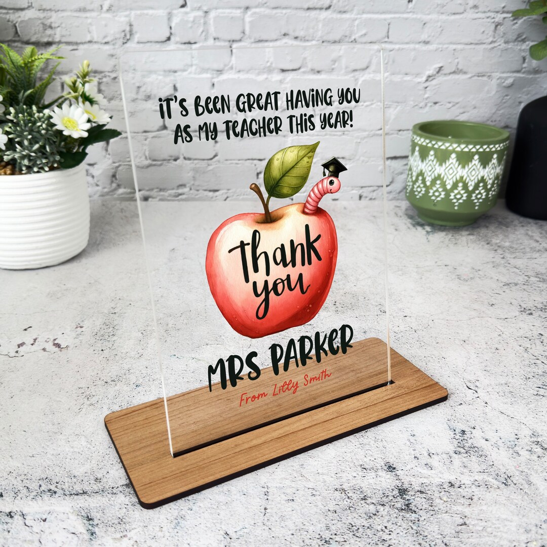 Thank You Teacher Gift Cute Worm in Apple Personalised Acrylic Plaque ...