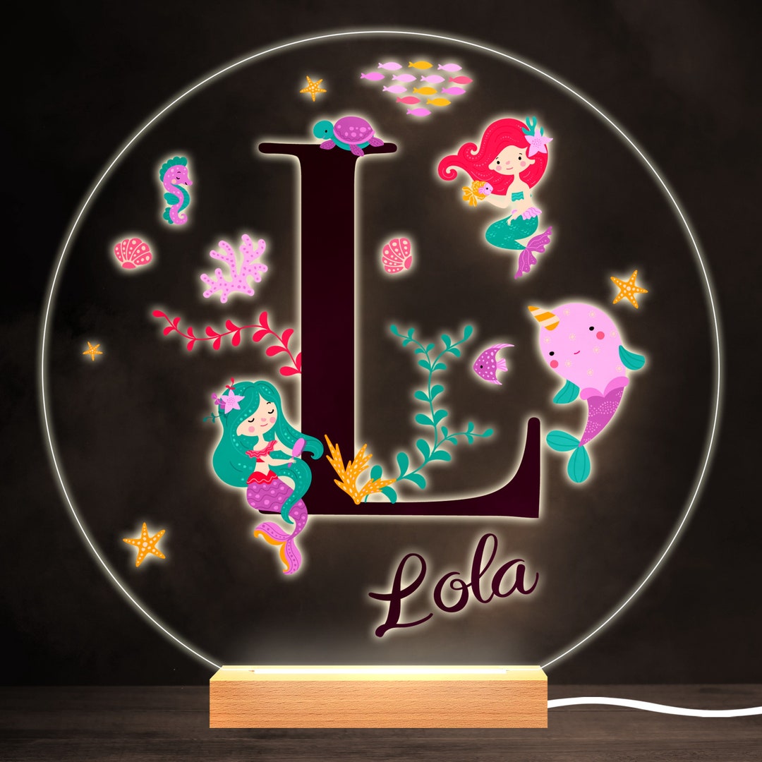 Sealife With Mermaids Alphabet Letter L Round Personalised Gift Lamp ...