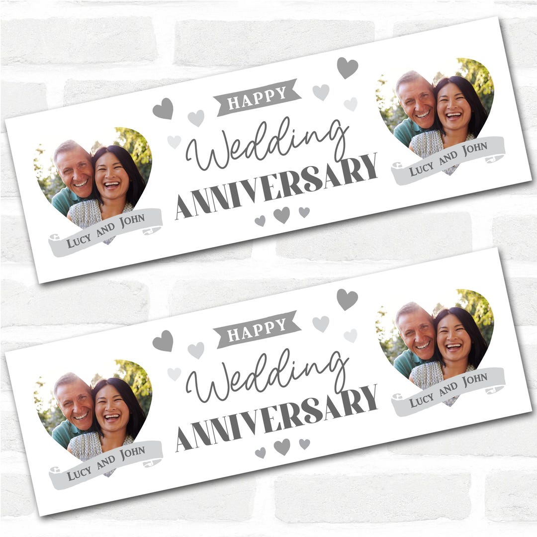 Personalised Party Banner for Wedding Anniversary Photo Hearts Silver ...