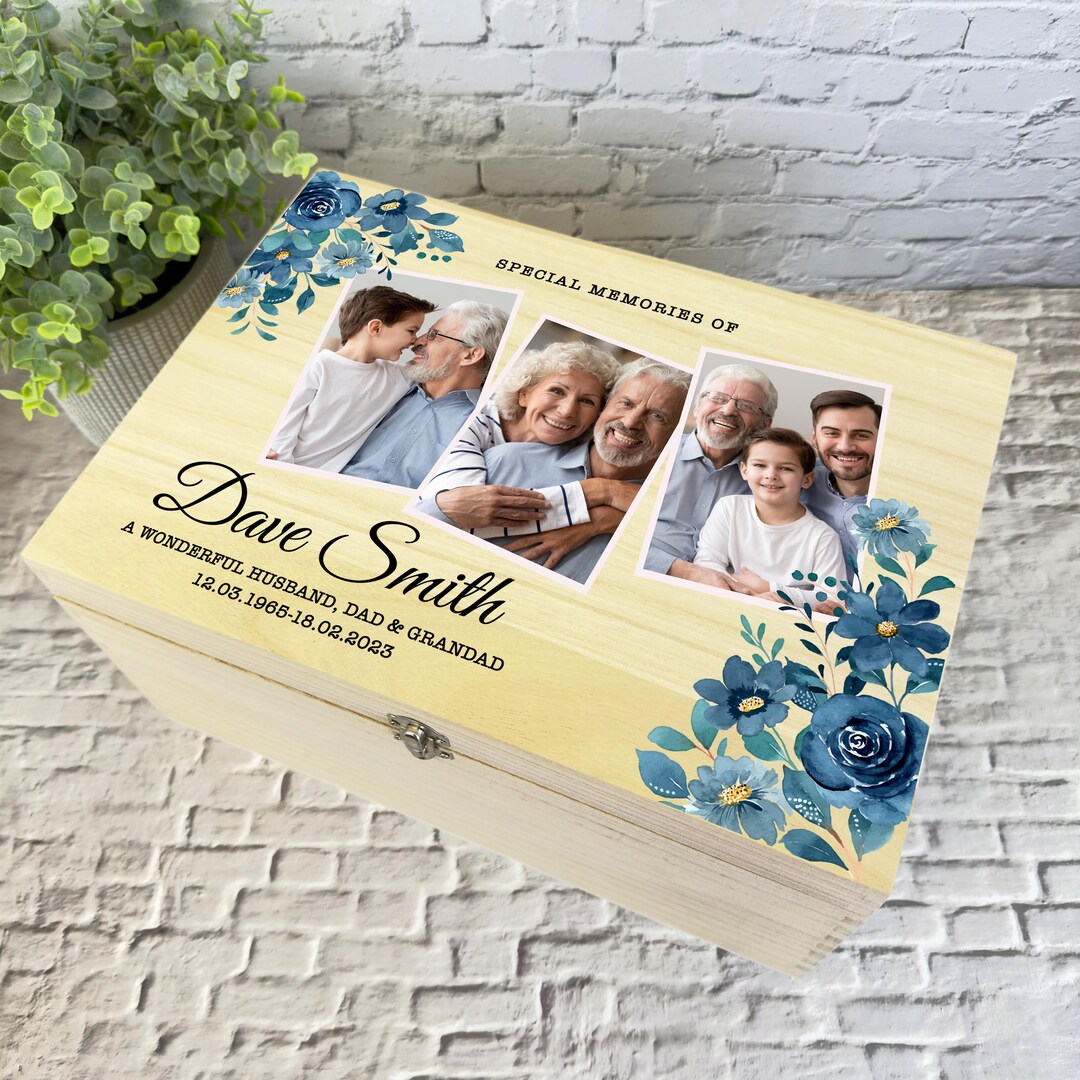 Watercolour Blue Floral Photo Memorial Personalised Wooden Memory ...