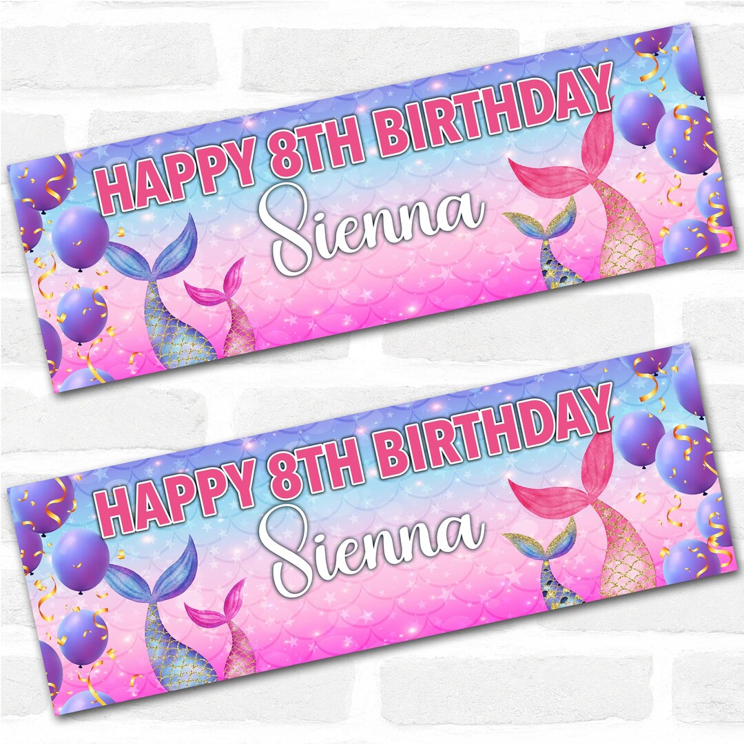Personalised Party Banner for Kids Birthday Watercolour Mermaid Tails ...