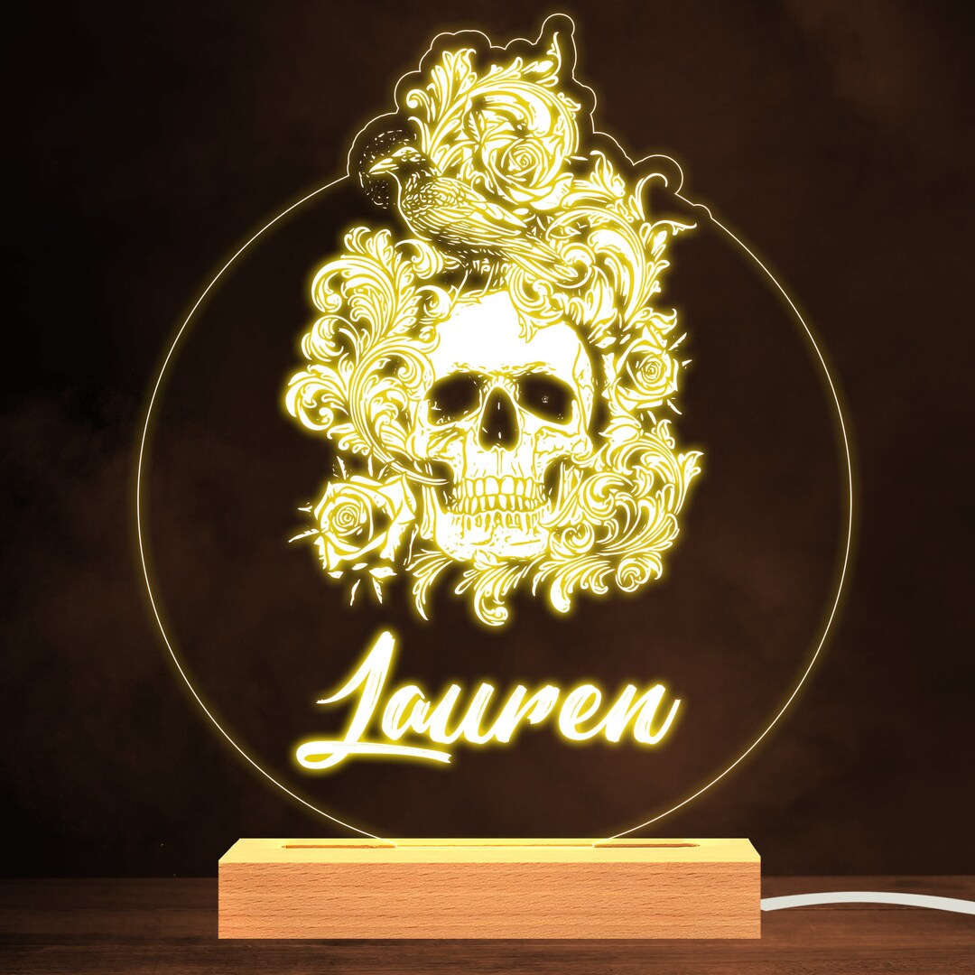 Gothic Sketchy Crow Roses and Skull Warm Lamp Personalised Gift Night ...