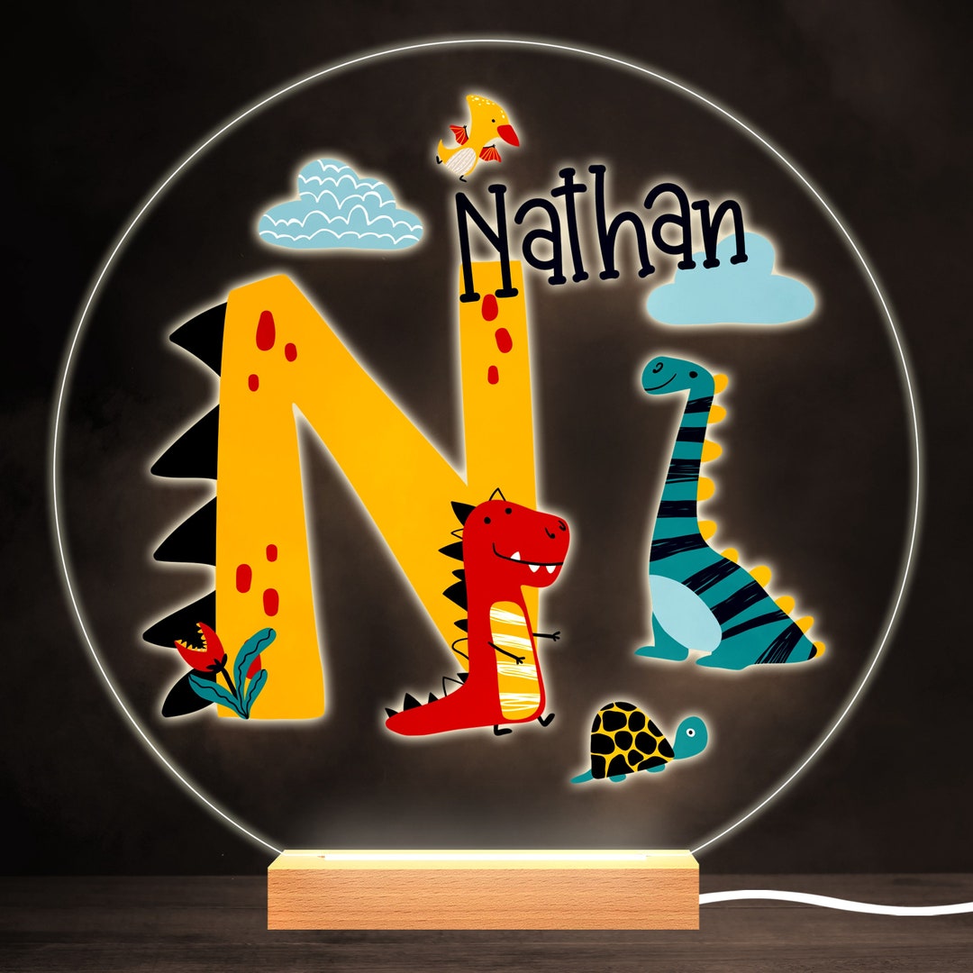 Dinosaur Alphabet Letter N Colourful Round Personalised Gift Lamp Night ...