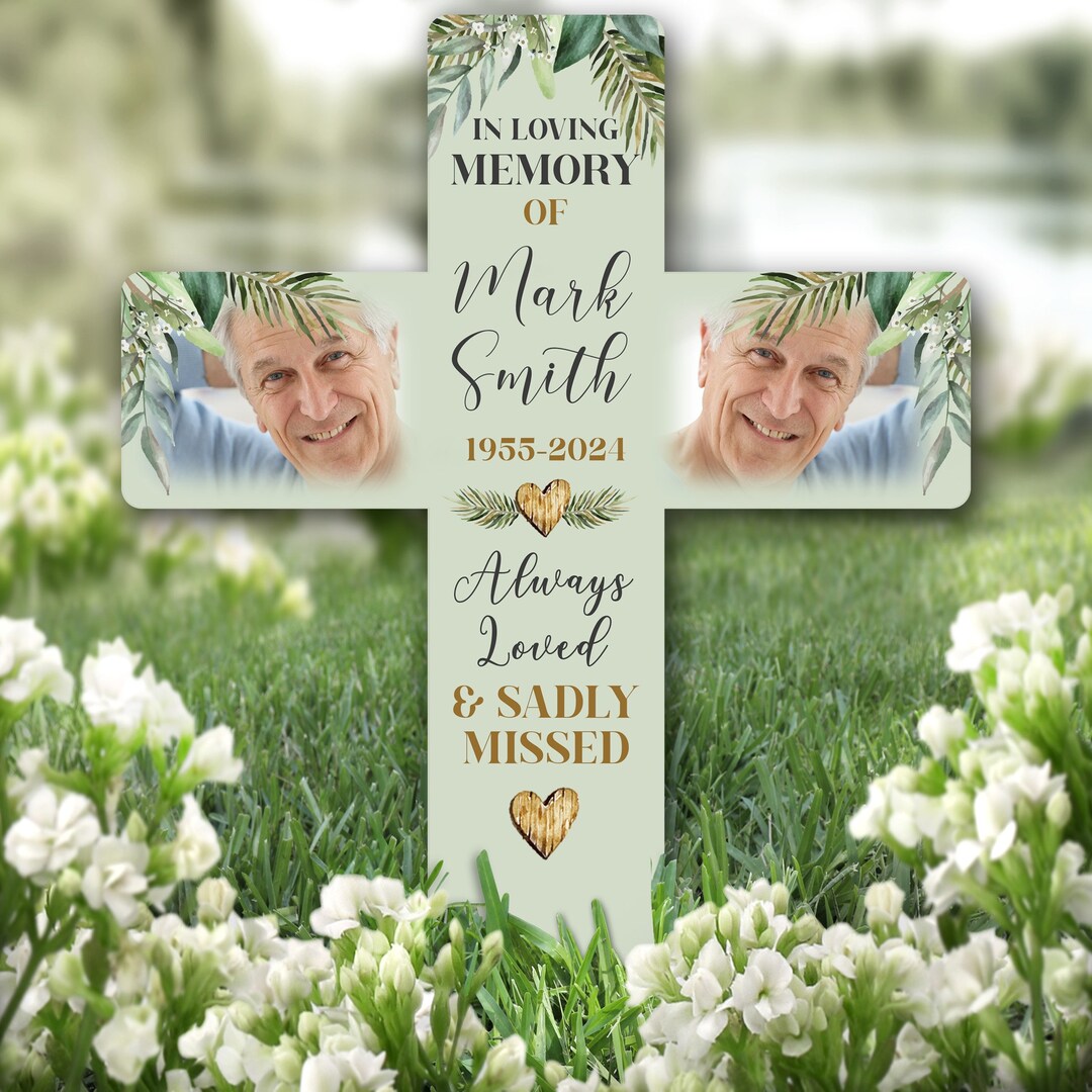 Cross in Loving Memory Leaves Photo Green Grave Garden Plaque Memorial ...