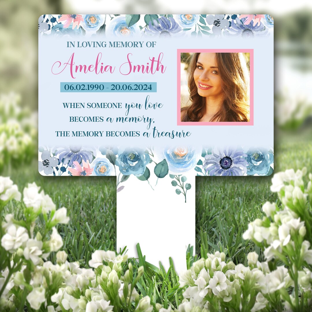 Loving Memory Blue Flowers Photo Remembrance Grave Garden Plaque ...