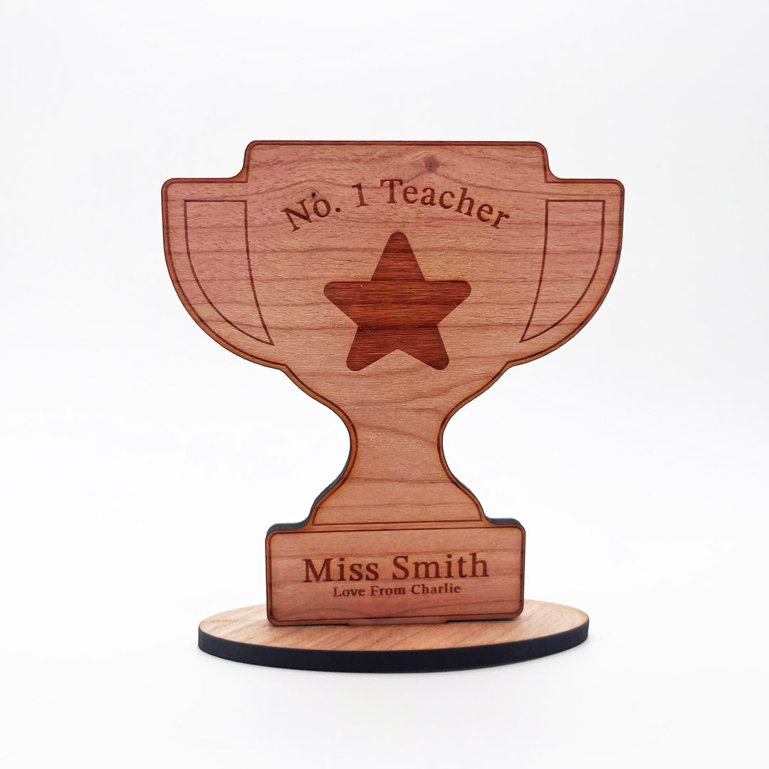 Engraved Wood No.1 Teacher Trophy Cup Thank You Keepsake Personalised ...