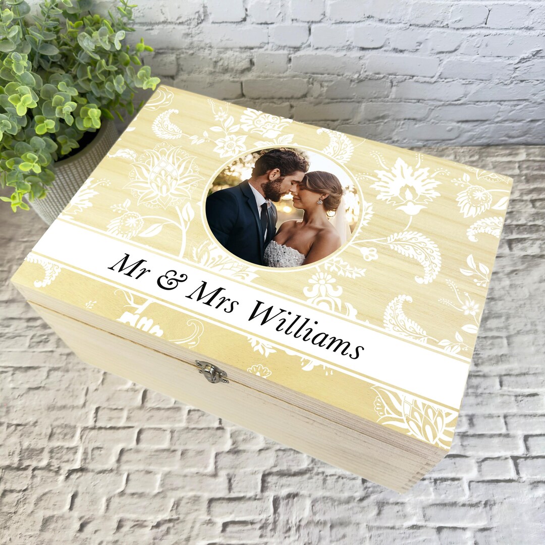 White Floral Pattern Photo Wedding Day Personalised Wooden Memory ...