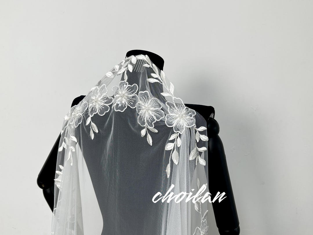 Single Layer Floral Embroidered Lace Veil,ivory Bridal Lace Veil,lace ...